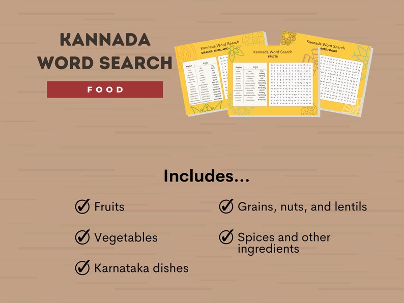 Kannada Word Search Printable Games - Food Vocabulary | Language ...