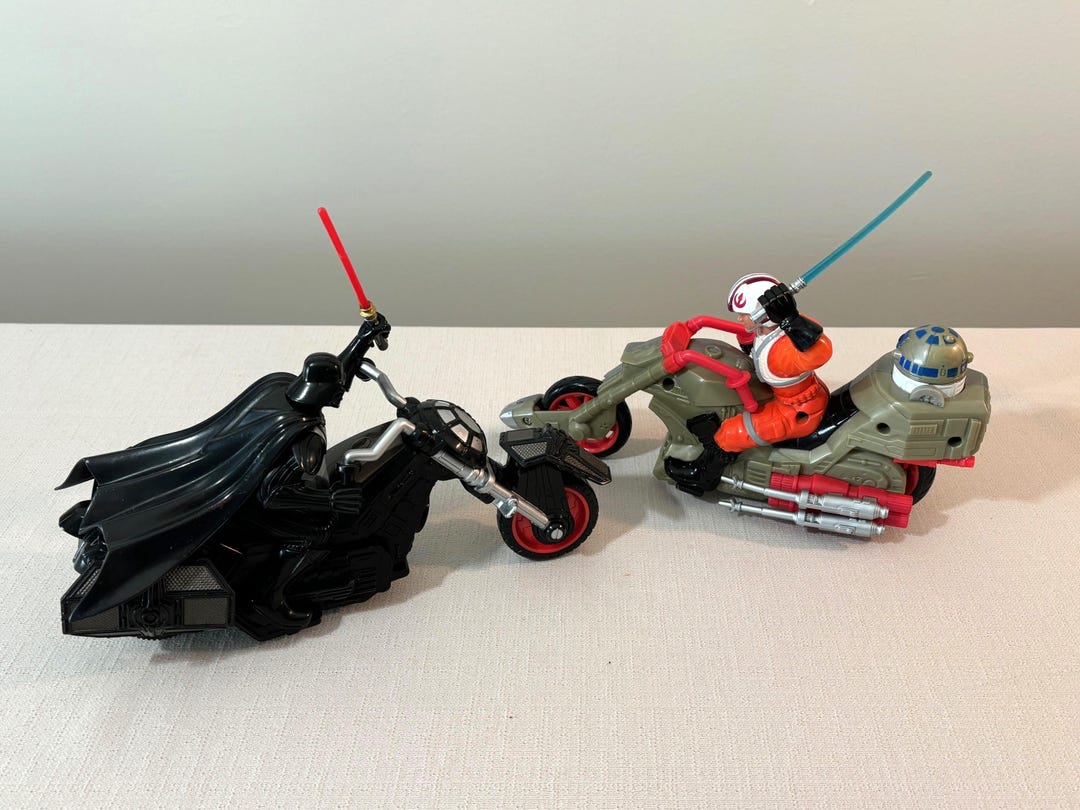 Vintage Luke Skywalker and Darth Vader on Motorcycles With Lightsabers ...