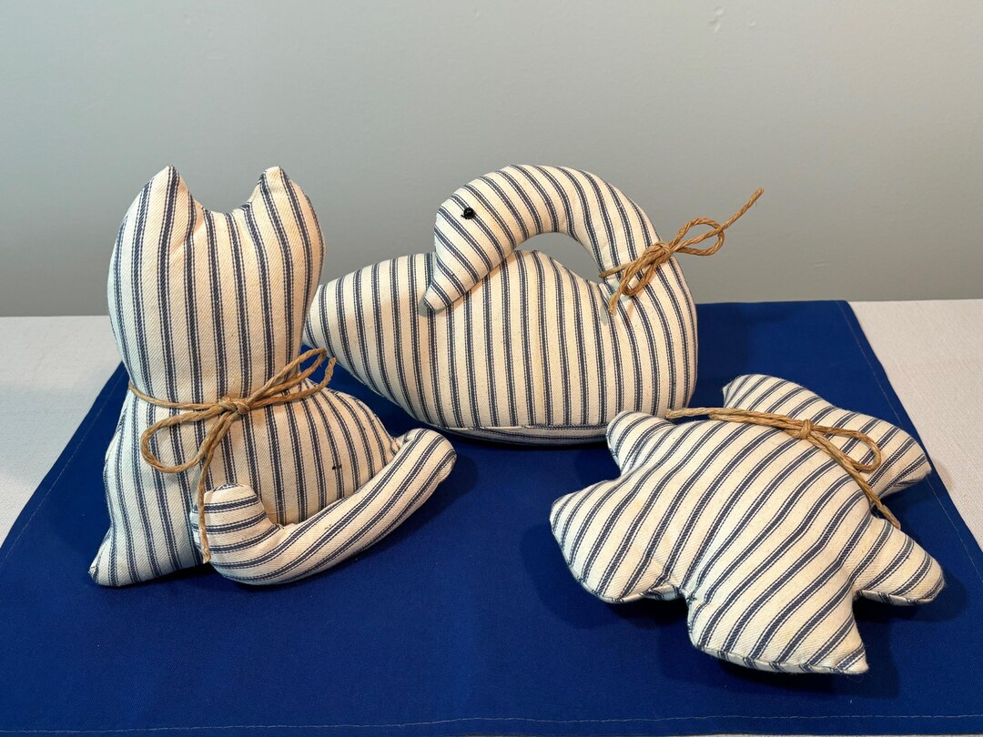 Handmade Swan, Cat and Teddy Bear in Navy and White Ticking Fabric - Etsy