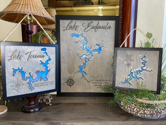 CUSTOM Laser Engraved Lake Map Sign With Iridescent Mica Epoxy | Etsy