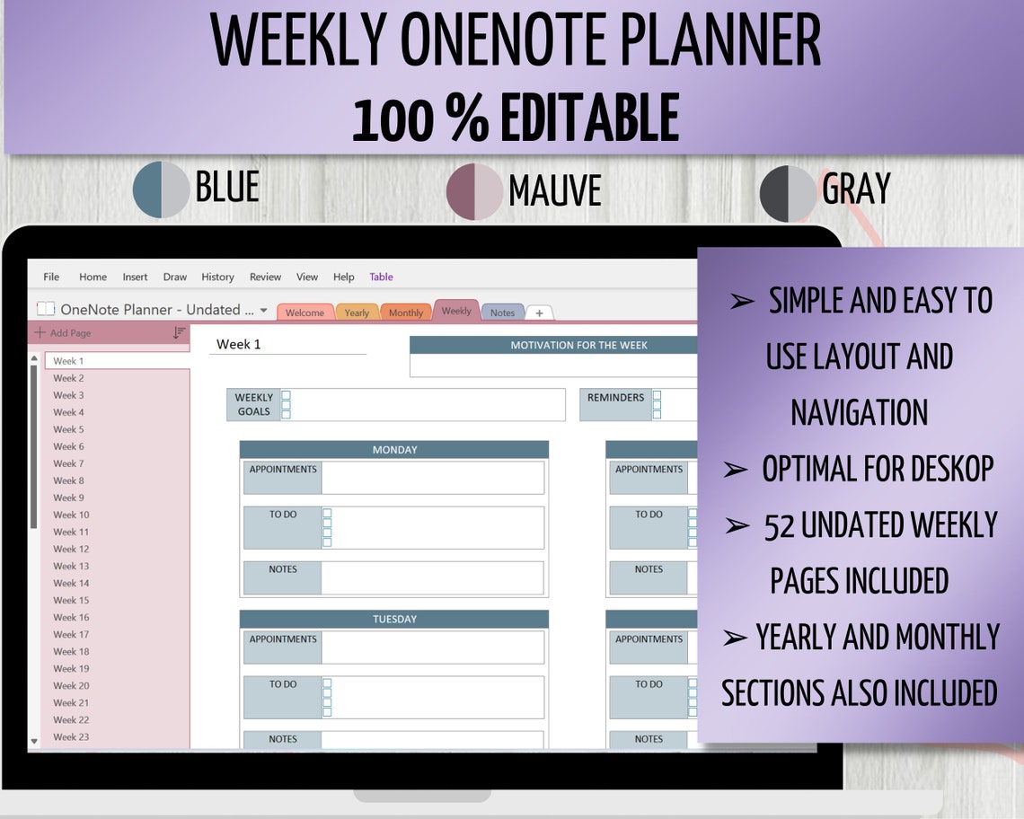 Weekly Onenote Planner, Onenote Digital Planner, Undated Onenote Weekly ...