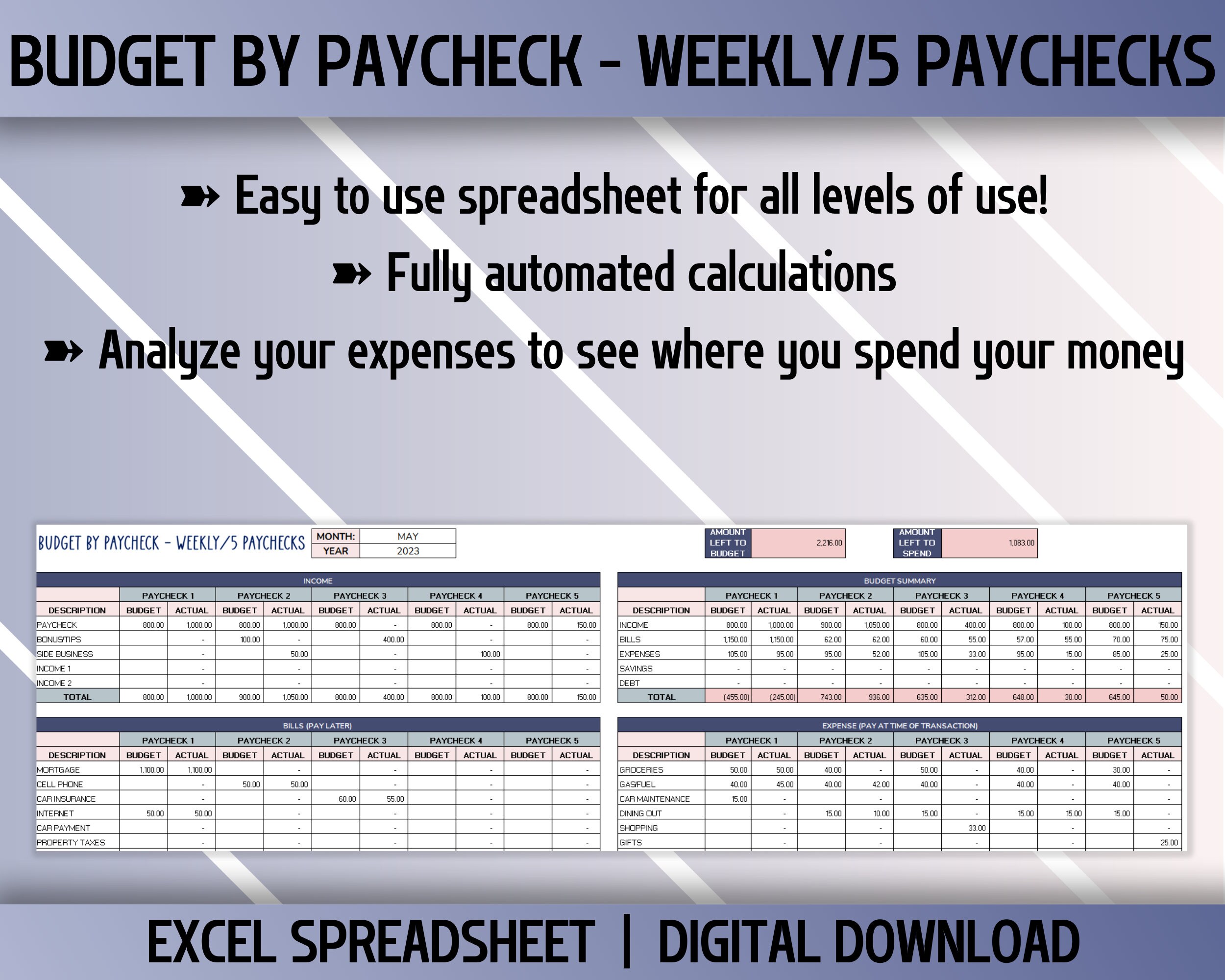 Budget by Paycheck Spreadsheet, Excel Spreadsheet Template, Weekly ...