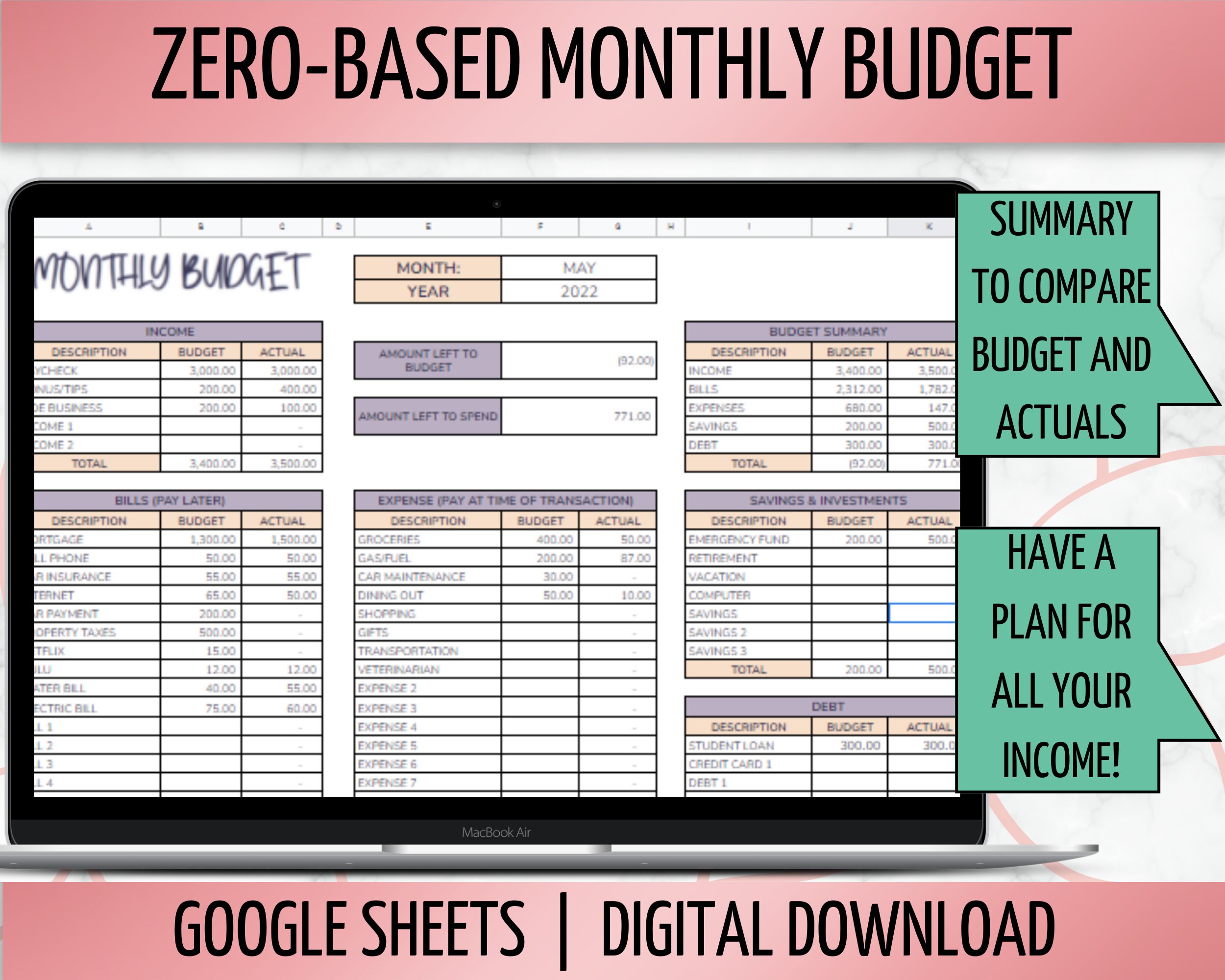 Zero-based Budget Spreadsheet Google Sheets Spreadsheet - Etsy