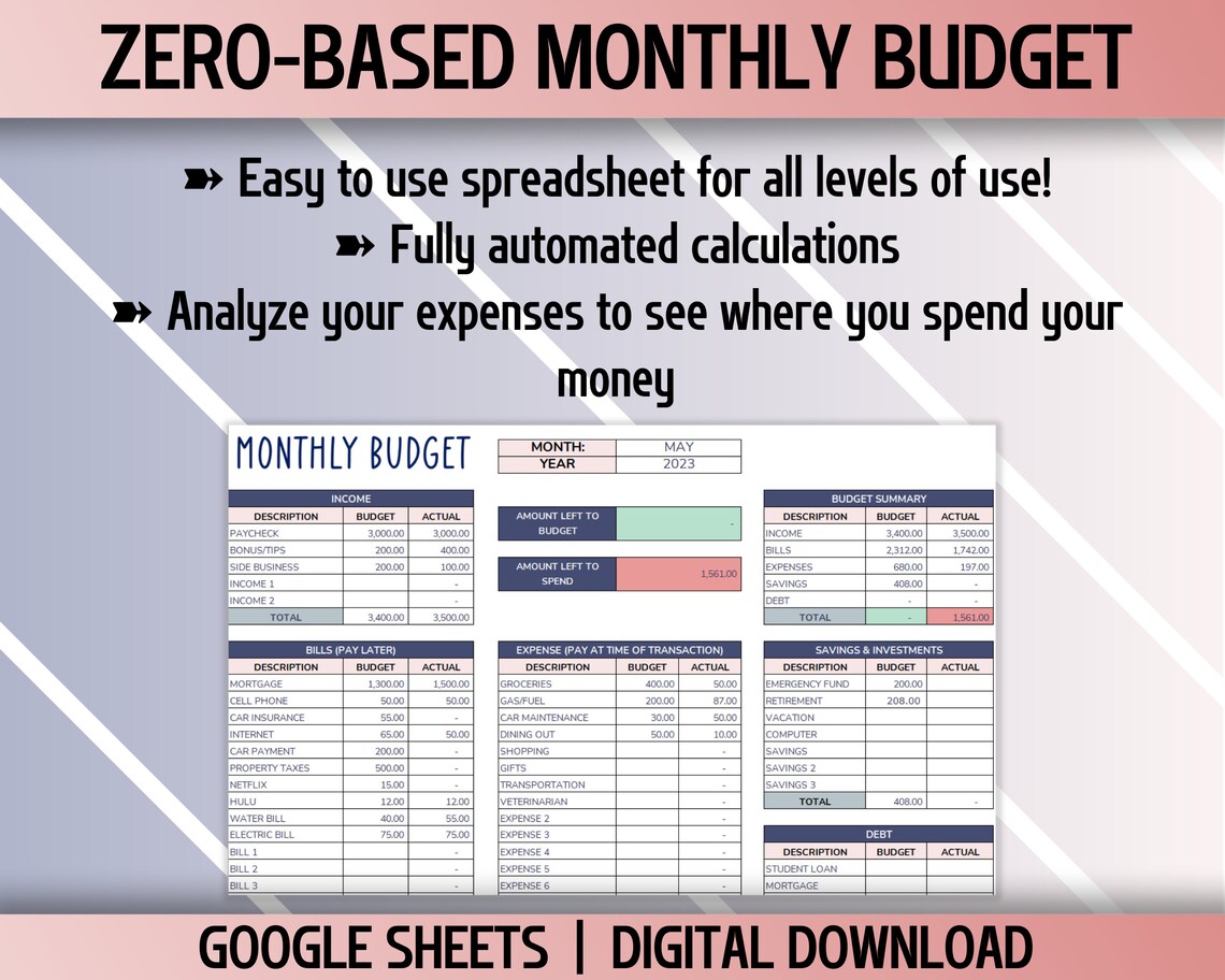 Zero-based Budget Spreadsheet, Google Sheets Spreadsheet Template ...
