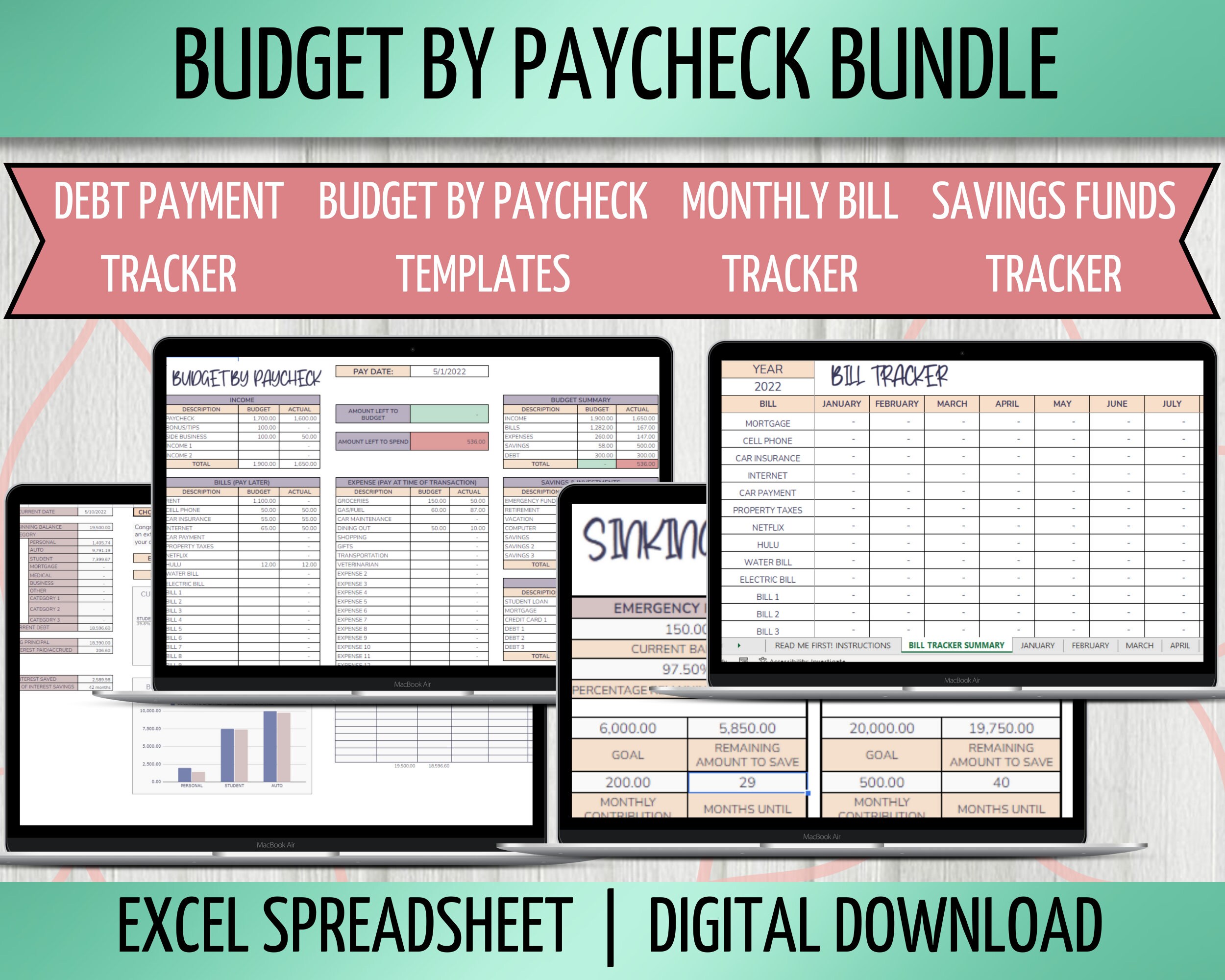Budget by Paycheck Spreadsheet Bundle, Debt Payment Tracker, Monthly ...
