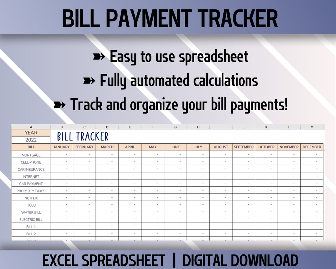 Monthly Bill Tracker, Bill Organizer Spreadsheet, Bill Payment Summary ...