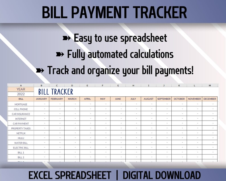 Monthly Bill Tracker, Bill Organizer Spreadsheet, Bill Payment Summary ...
