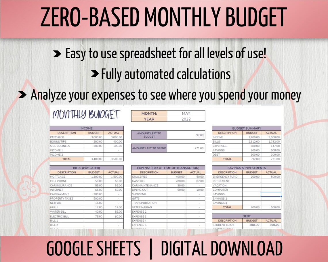 Zero-based Budget Spreadsheet Google Sheets Spreadsheet - Etsy