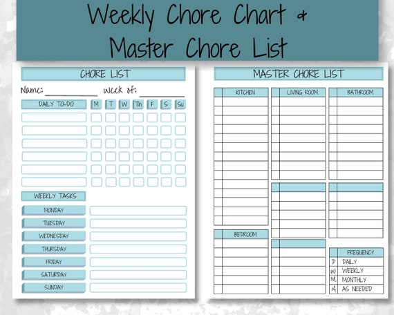 Printable Chore Chart Kids Chore Chart Master Chore List - Etsy