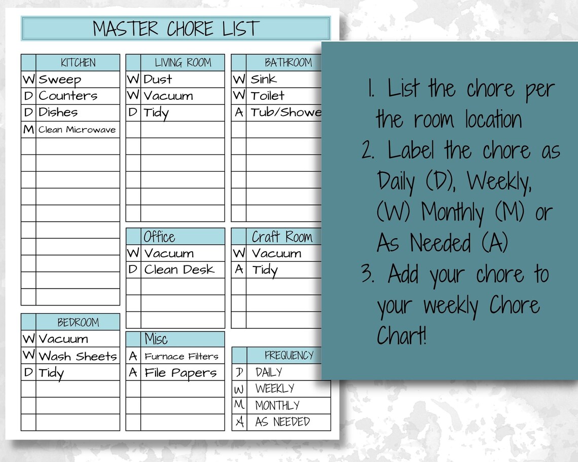 Printable Chore Chart, Kids Chore Chart, Master Chore List, Digital ...