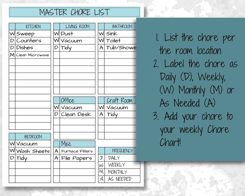 Printable Chore Chart, Kids Chore Chart, Master Chore List, Digital ...