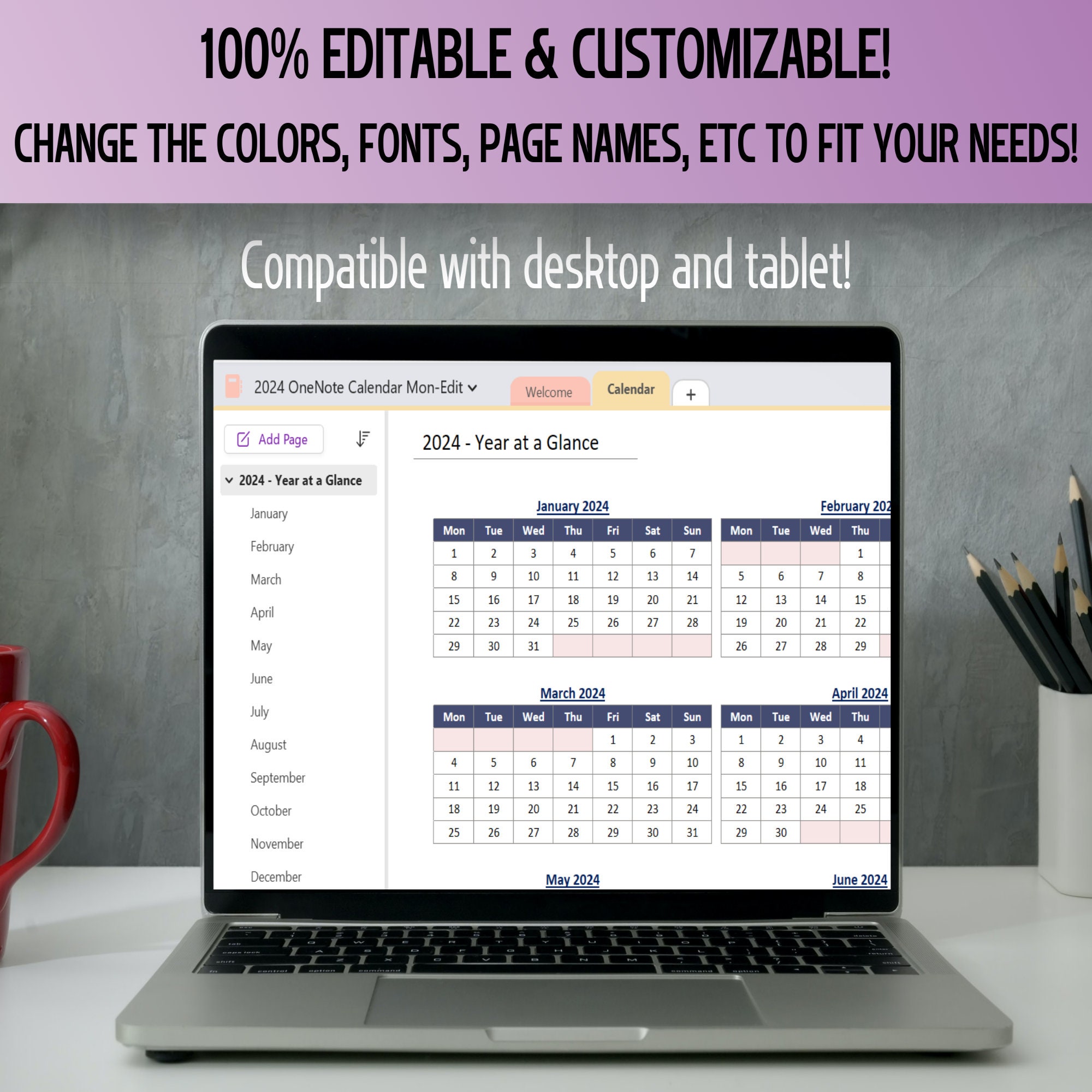 2023 & 2024 Editable OneNote Calendar Monday Start Dated - Etsy Portugal