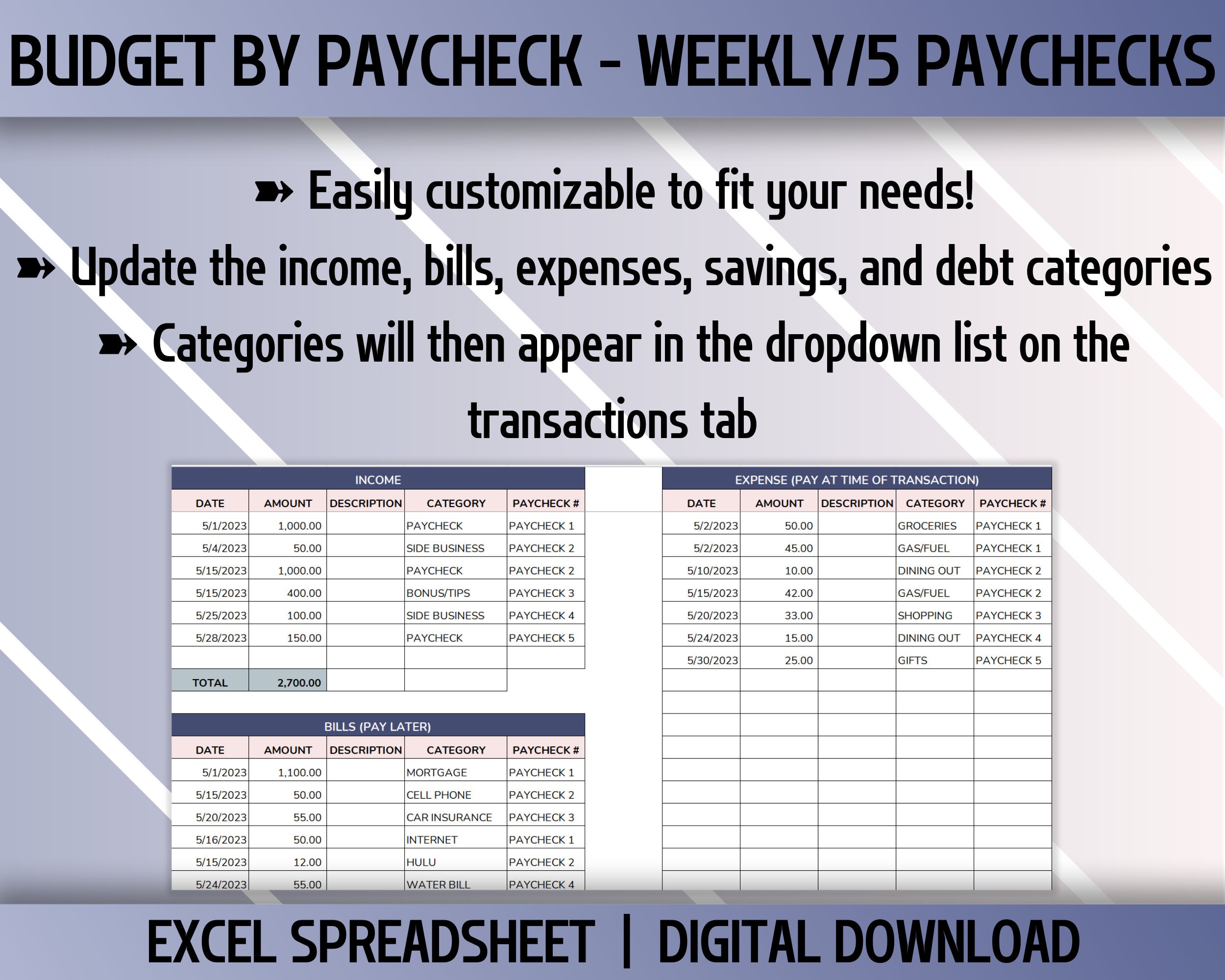 Budget by Paycheck Spreadsheet, Excel Spreadsheet Template, Weekly ...