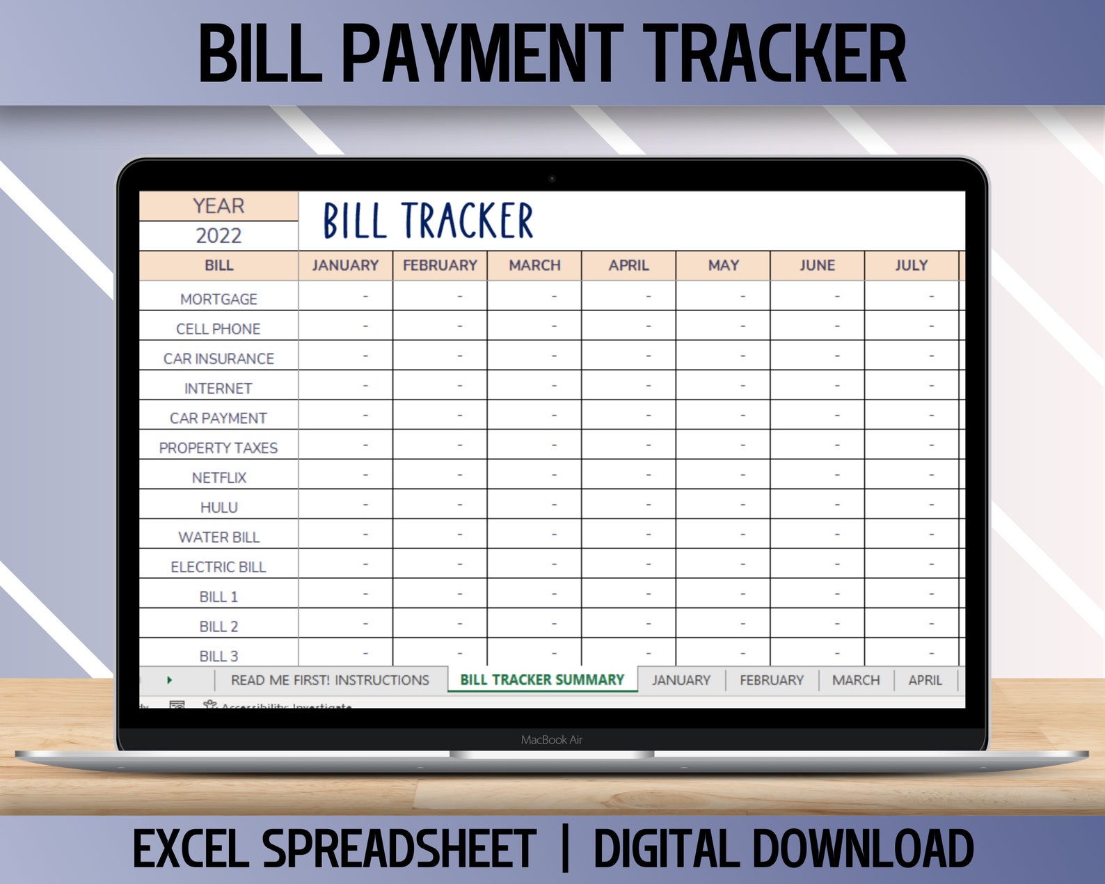 Monthly Bill Tracker, Bill Organizer Spreadsheet, Bill Payment Summary ...