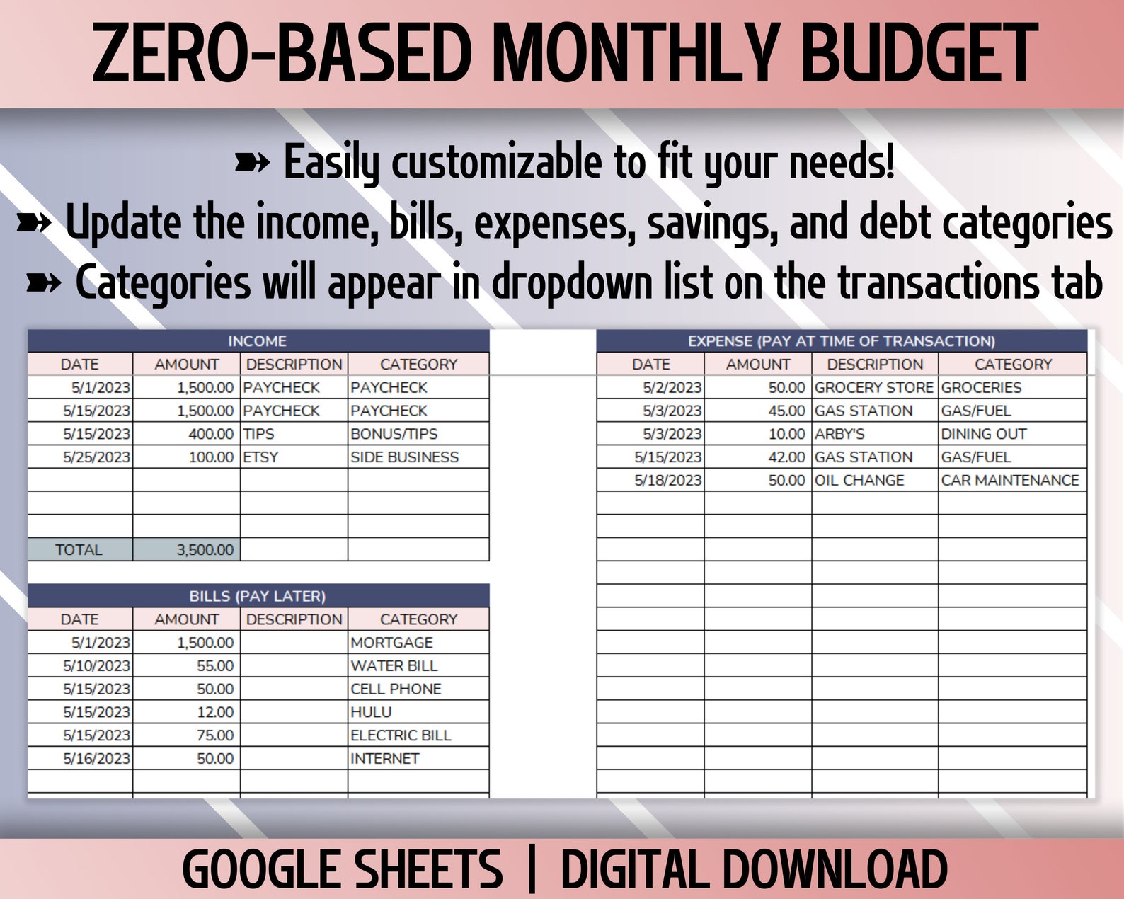 Zero-based Budget Spreadsheet, Google Sheets Spreadsheet Template ...