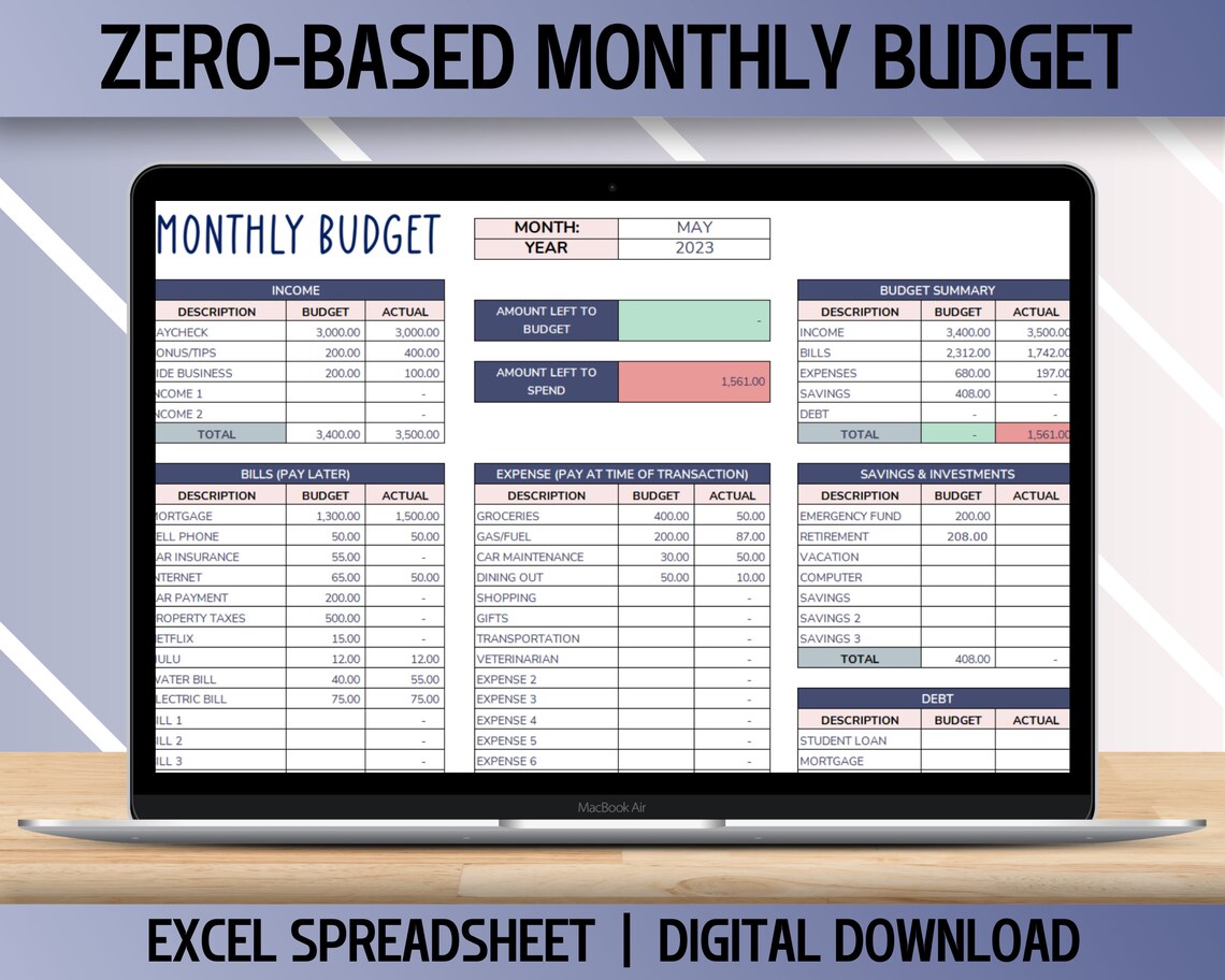 Zero-based Budget Spreadsheet, Excel Spreadsheet Template, Income ...