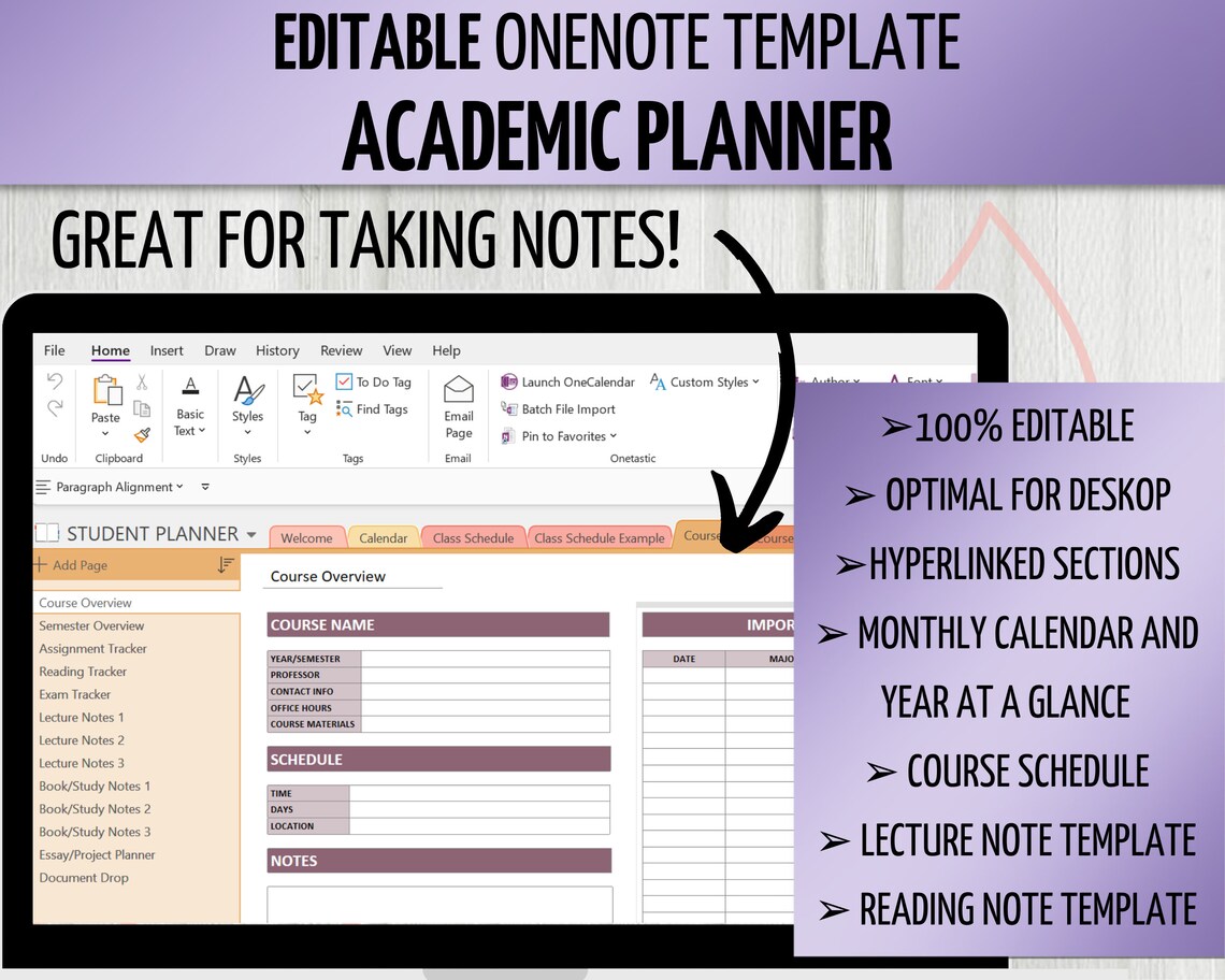 Onenote Academic Planner, Onenote Student Planner, 100% Editable ...