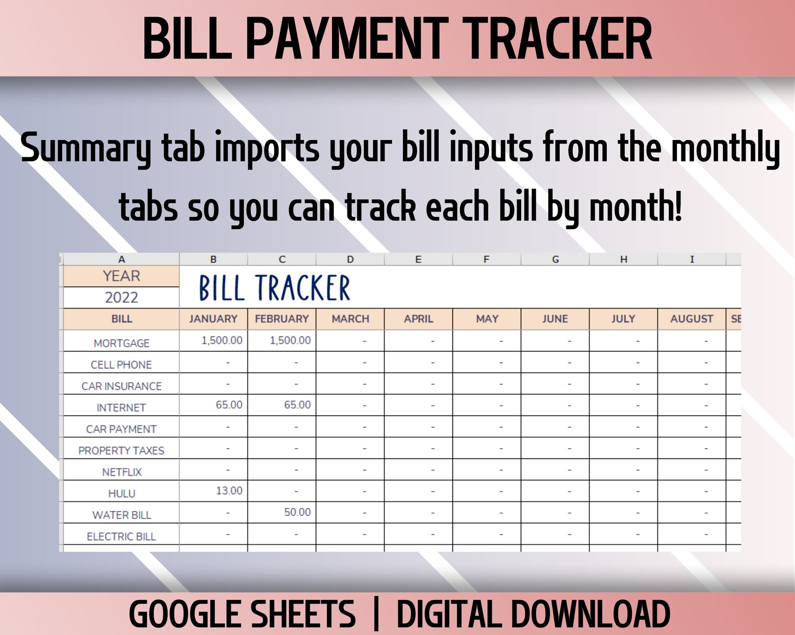 Monthly Bill Tracker, Bill Organizer Spreadsheet, Bill Payment Summary ...