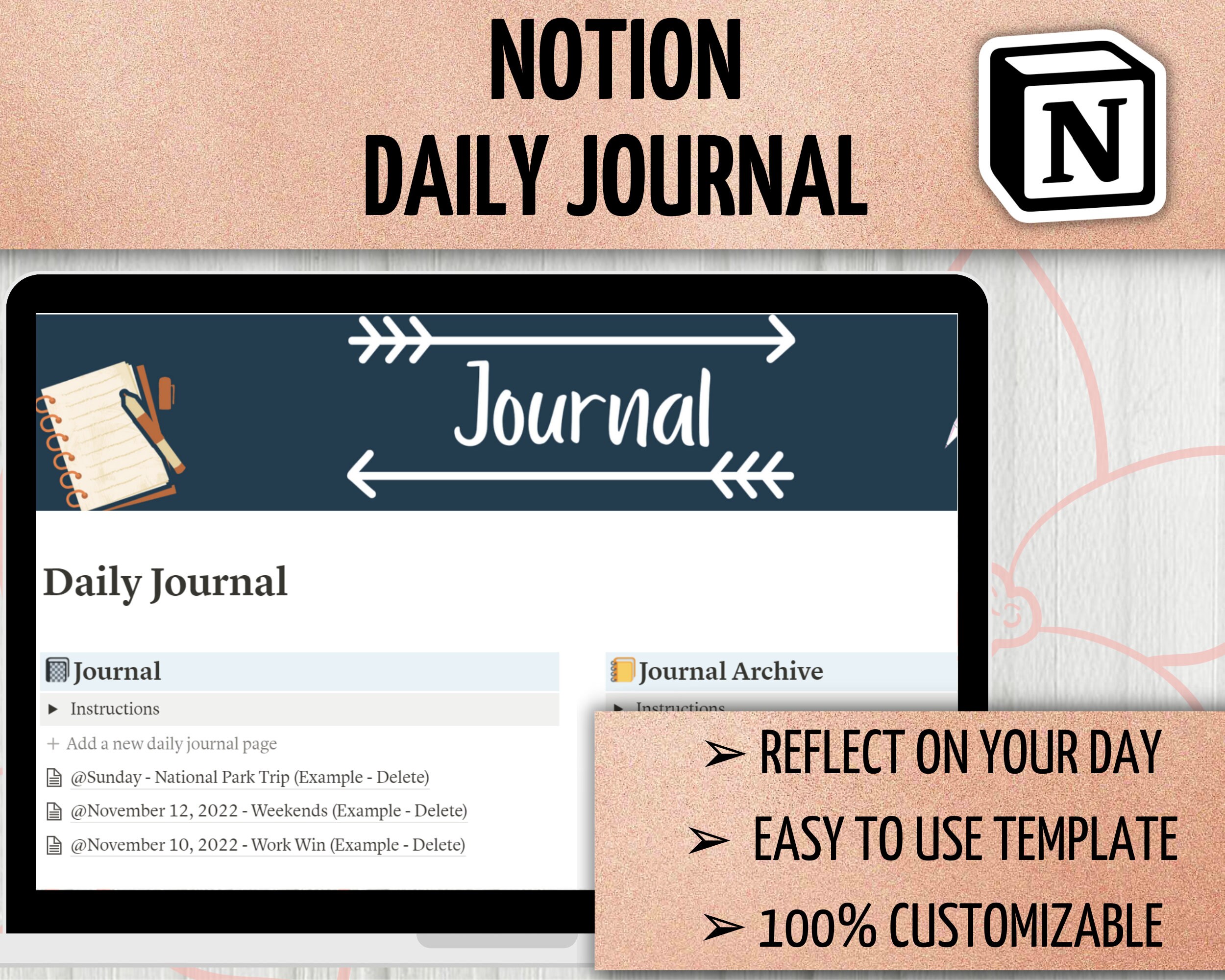 Daily Journal Notion Template, Digital Gratitude Journal With Notion ...