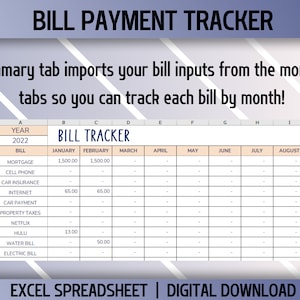 Monthly Bill Tracker, Bill Organizer Spreadsheet, Bill Payment Summary ...
