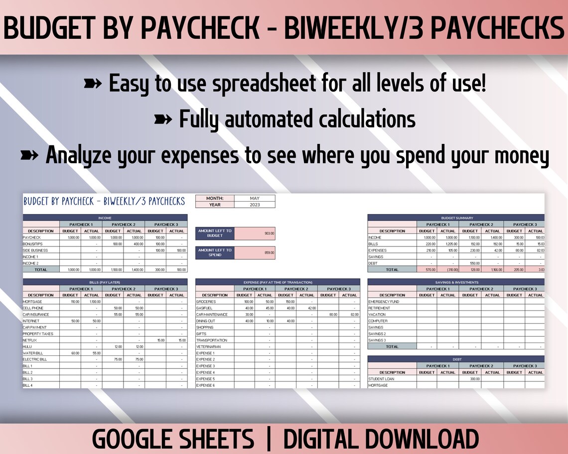 Budget by Paycheck Spreadsheet, Google Sheets Spreadsheet Template ...