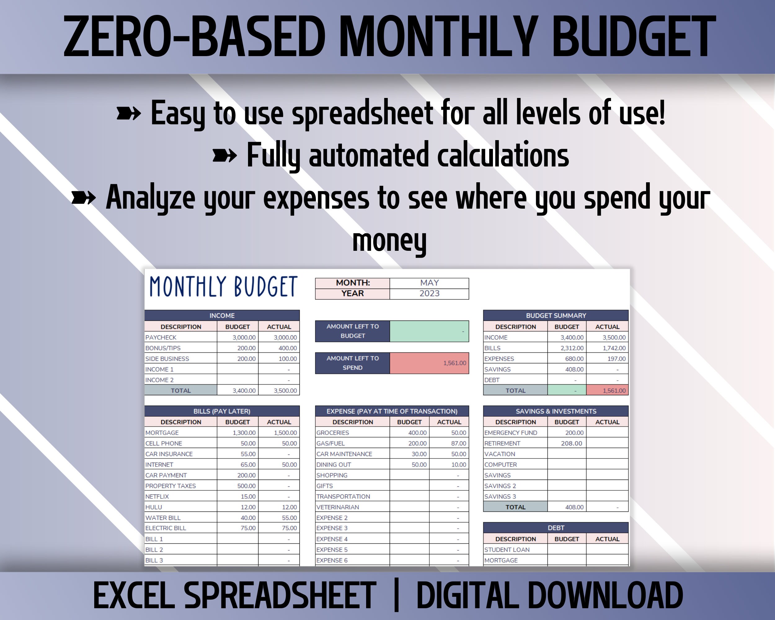 Zero-based Budget Spreadsheet, Excel Spreadsheet Template, Income ...