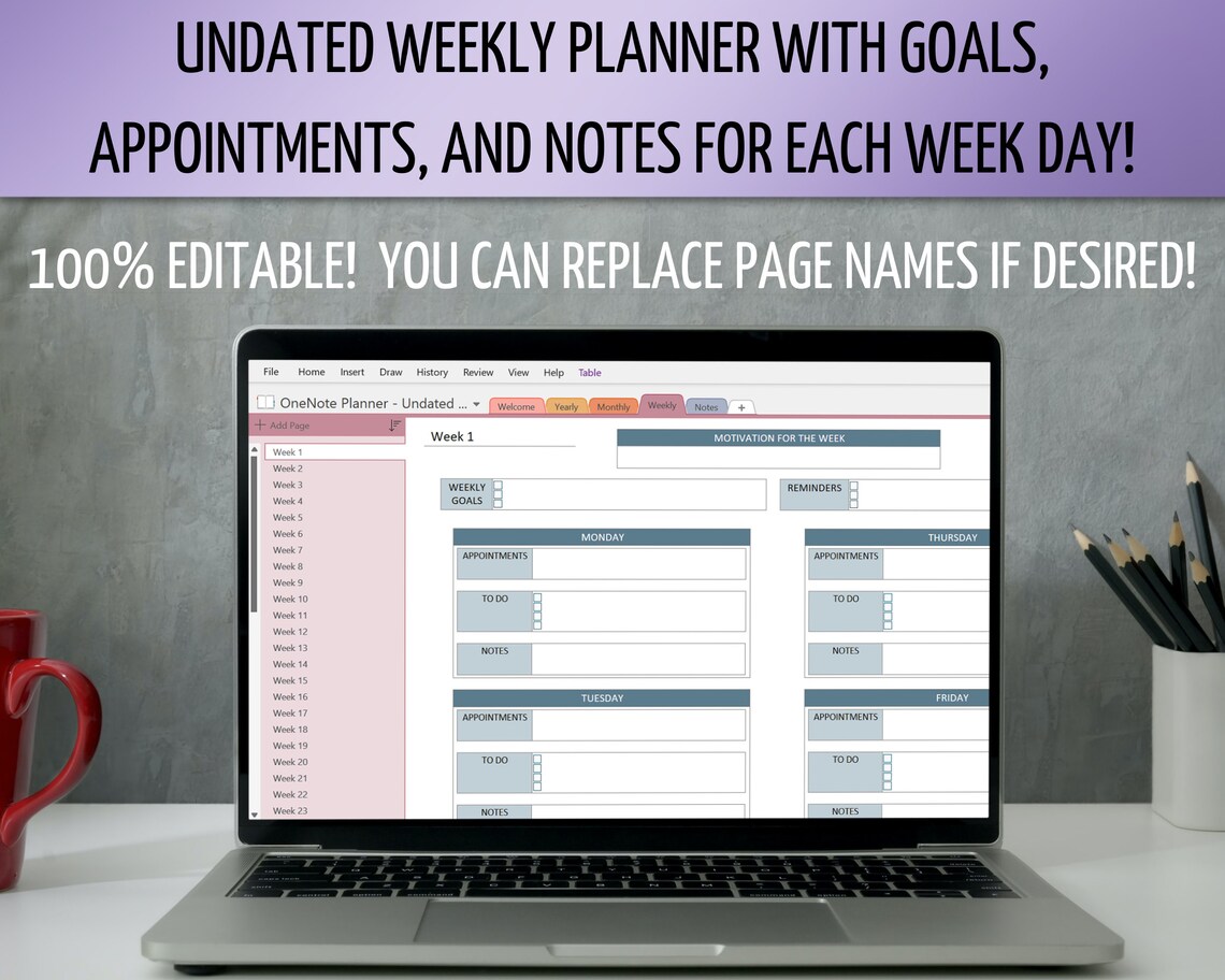 Weekly Onenote Planner, Onenote Digital Planner, Undated Onenote Weekly ...