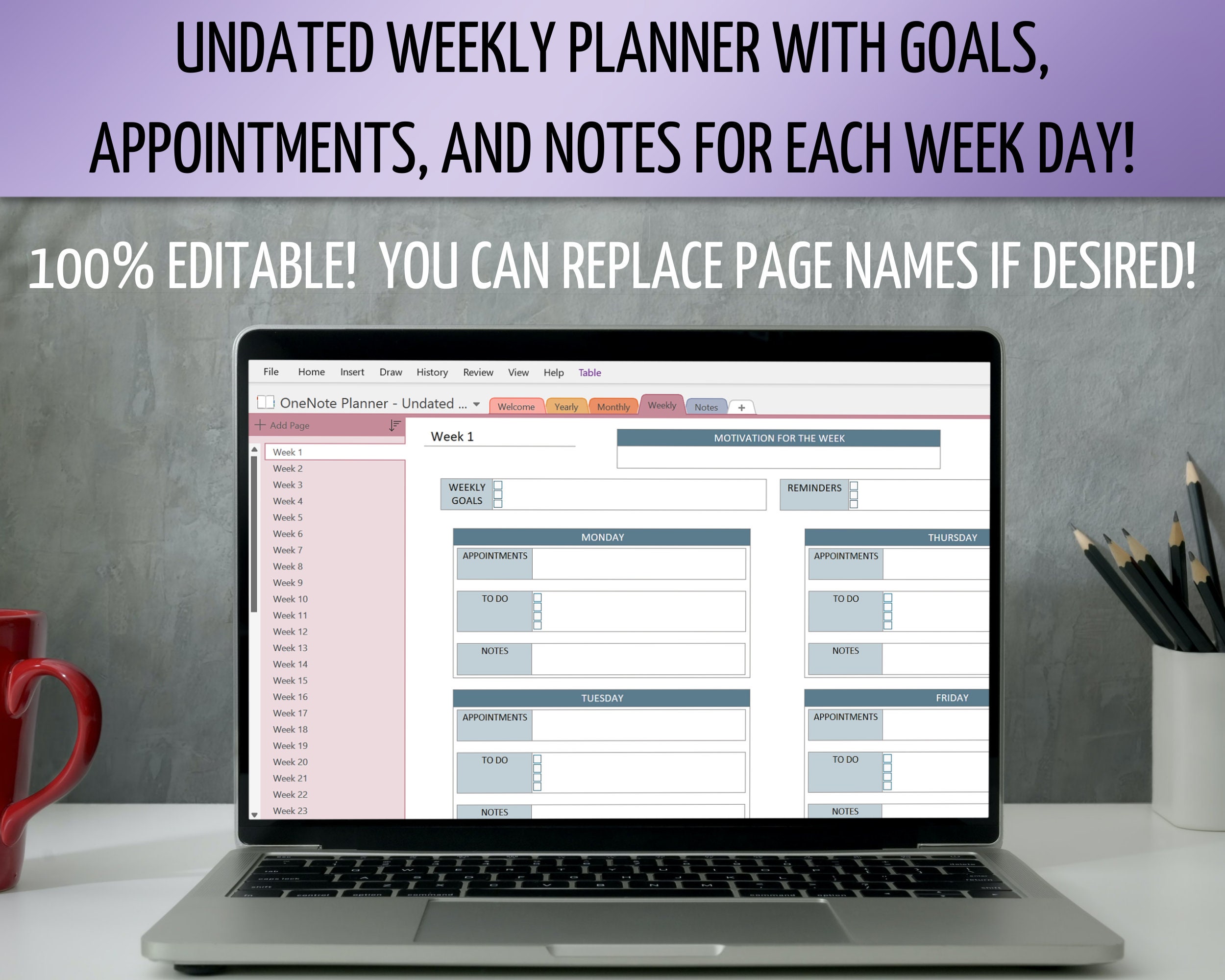 Weekly Onenote Planner, Onenote Digital Planner, Undated Onenote Weekly ...