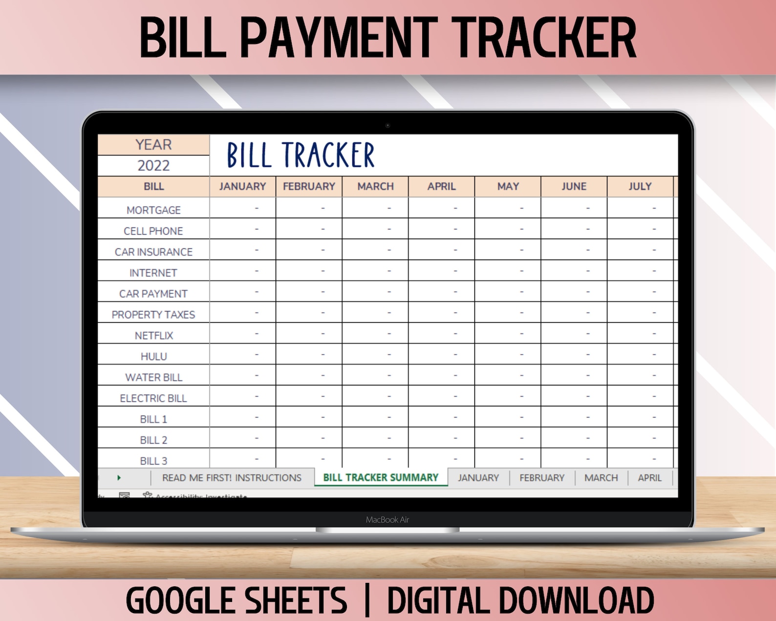 Monthly Bill Tracker, Bill Organizer Spreadsheet, Bill Payment Summary ...