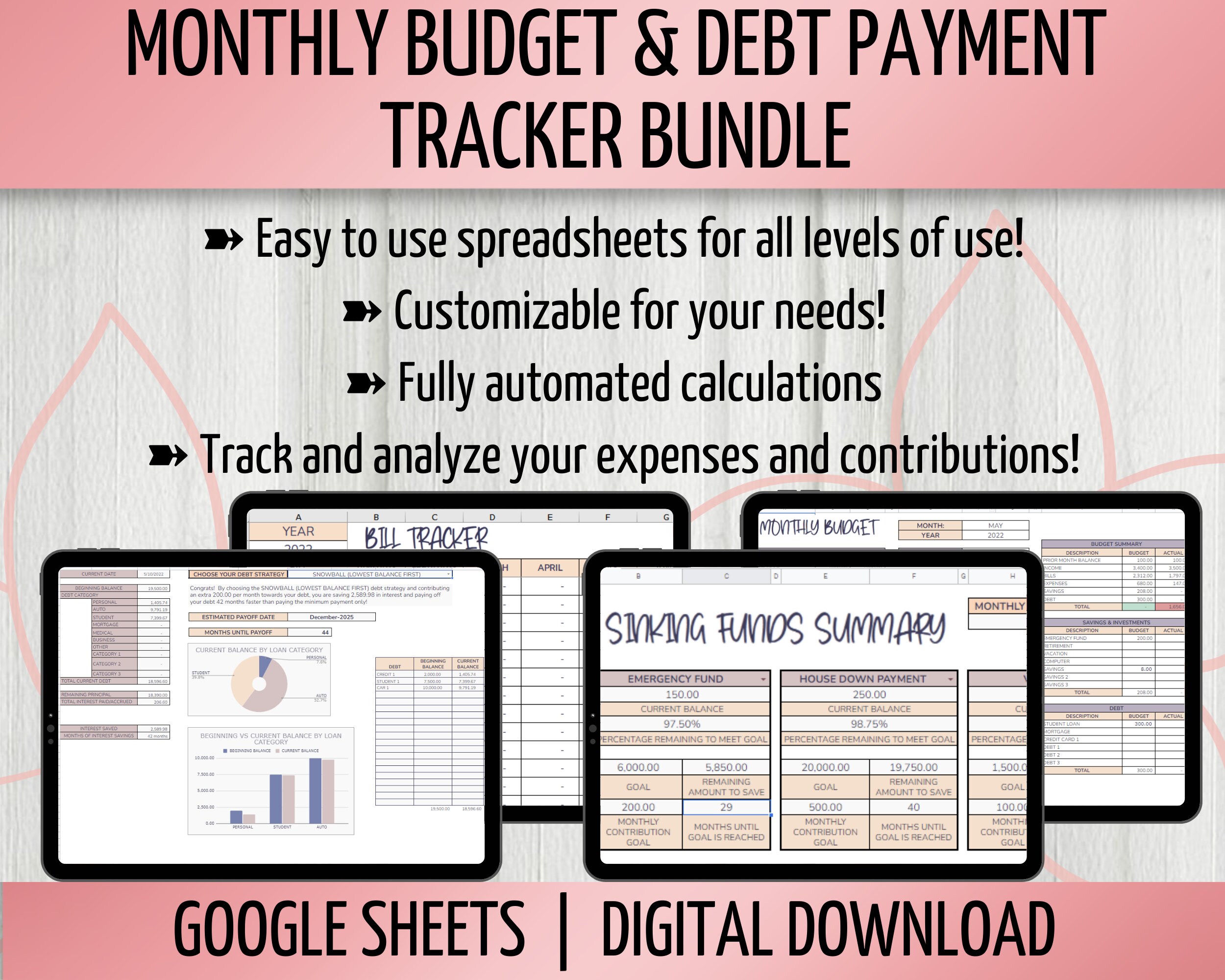 Monthly Budget With Debt Payment Tracker Spreadsheet Bundle, Monthly ...
