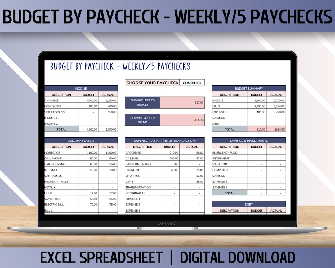 Budget by Paycheck Spreadsheet, Excel Spreadsheet Template, Weekly ...