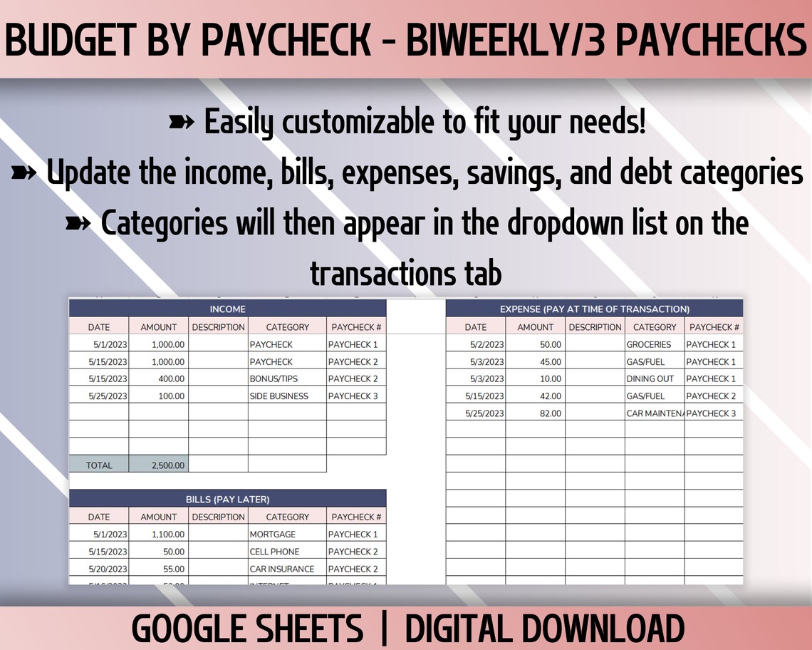 Budget by Paycheck Spreadsheet, Google Sheets Spreadsheet Template ...