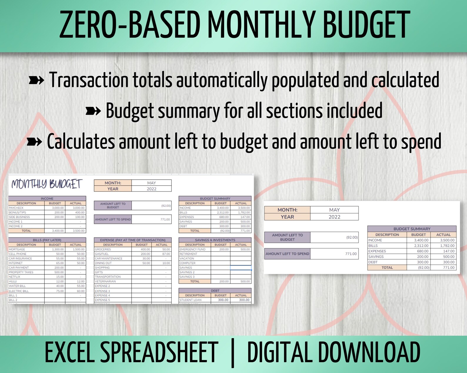 Zero Based Monthly Budget Spreadsheet Bundle, Monthly Bill Tracker ...