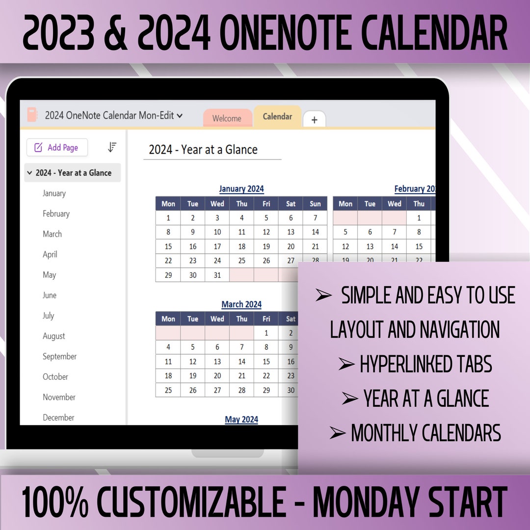 2023 & 2024 Editable OneNote Calendar Monday Start Dated - Etsy Portugal