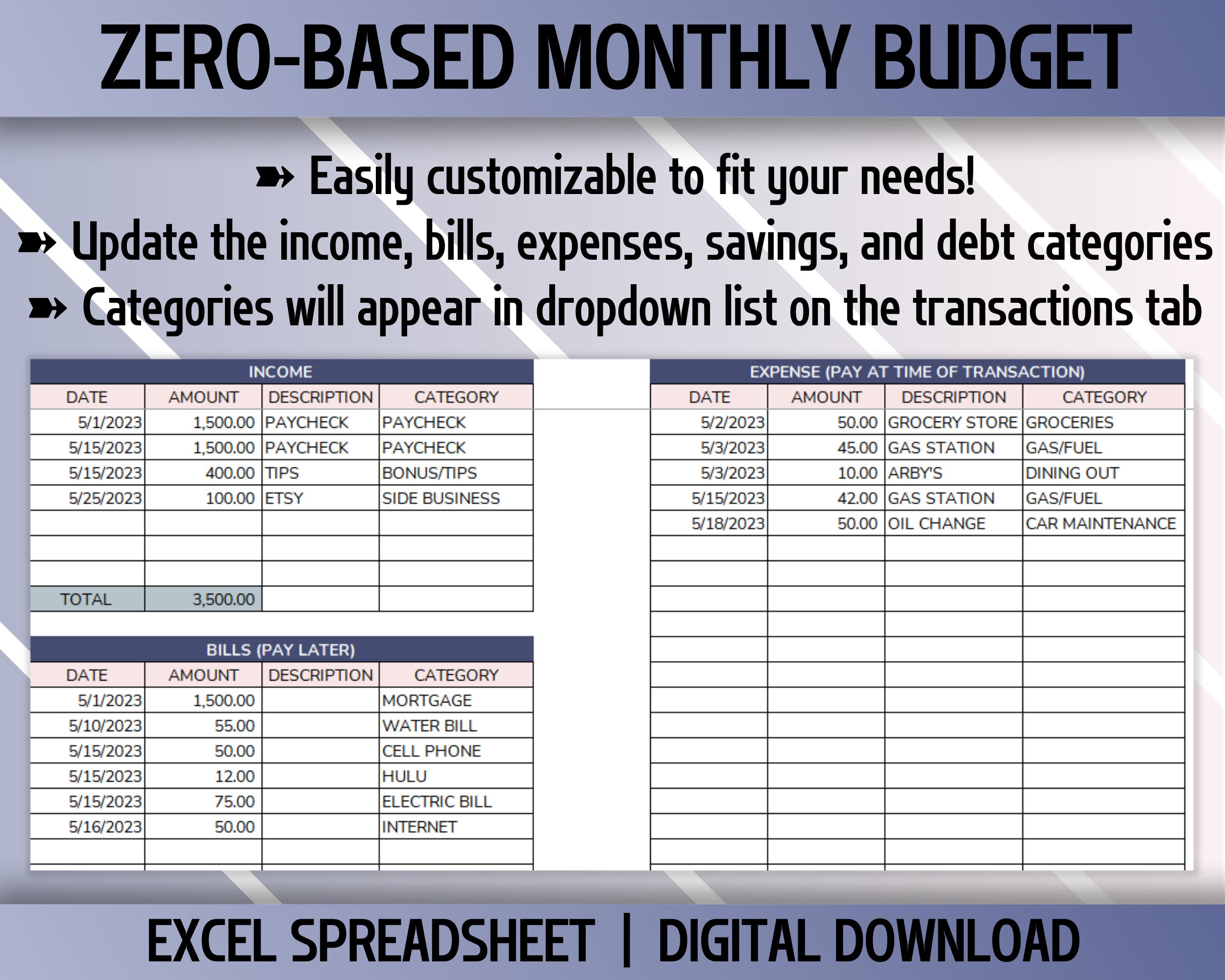 Zero-based Budget Spreadsheet, Excel Spreadsheet Template, Income ...