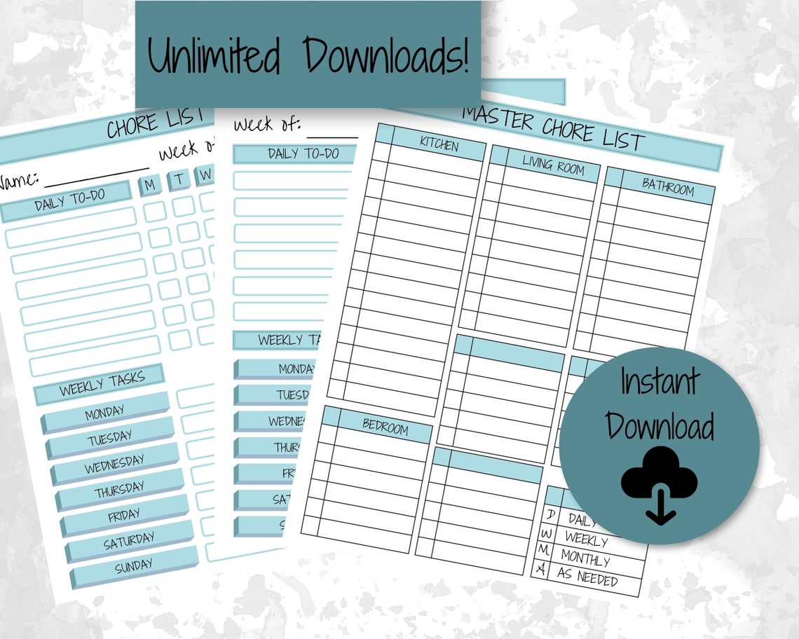 Printable Chore Chart, Kids Chore Chart, Master Chore List, Digital ...