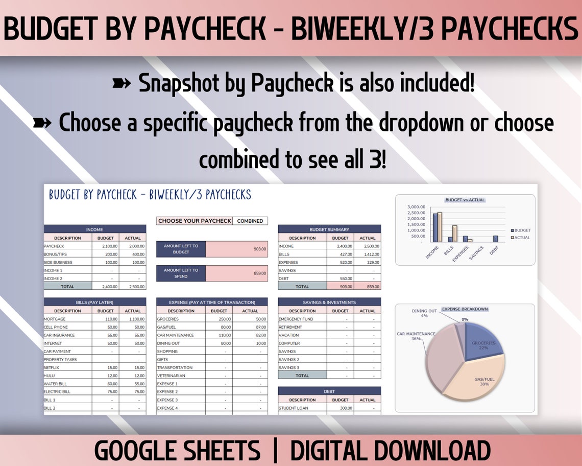 Budget by Paycheck Spreadsheet, Google Sheets Spreadsheet Template ...