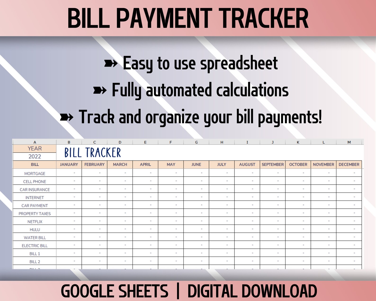 Monthly Bill Tracker, Bill Organizer Spreadsheet, Bill Payment Summary ...