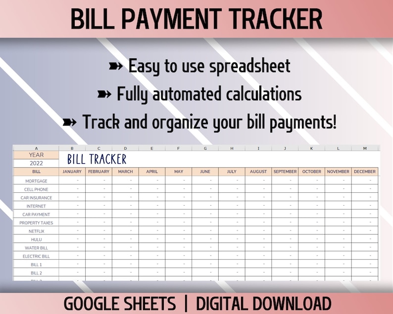 Monthly Bill Tracker, Bill Organizer Spreadsheet, Bill Payment Summary ...