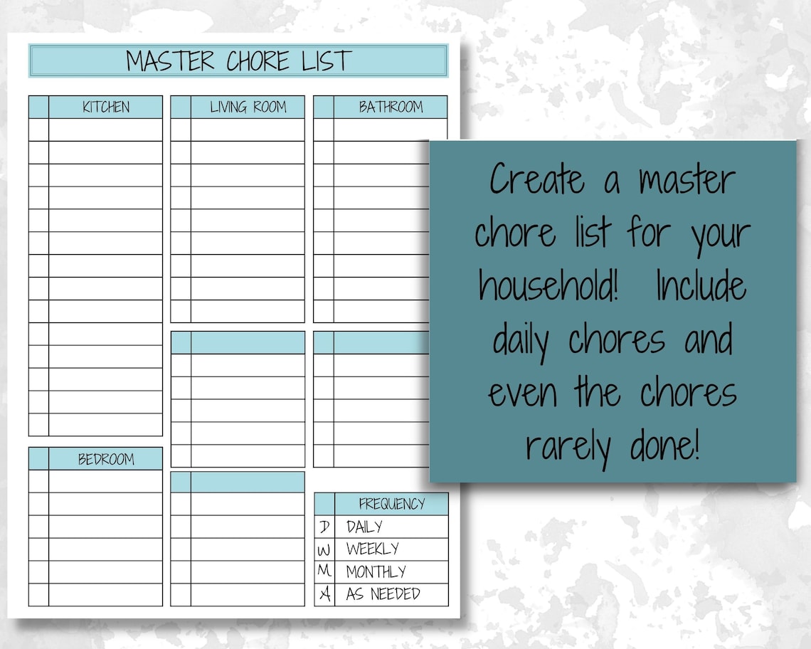 Printable Chore Chart, Kids Chore Chart, Master Chore List, Digital ...