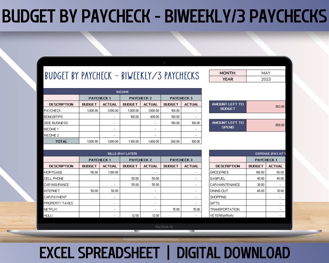 Budget by Paycheck Spreadsheet, Excel Spreadsheet Template, Biweekly ...