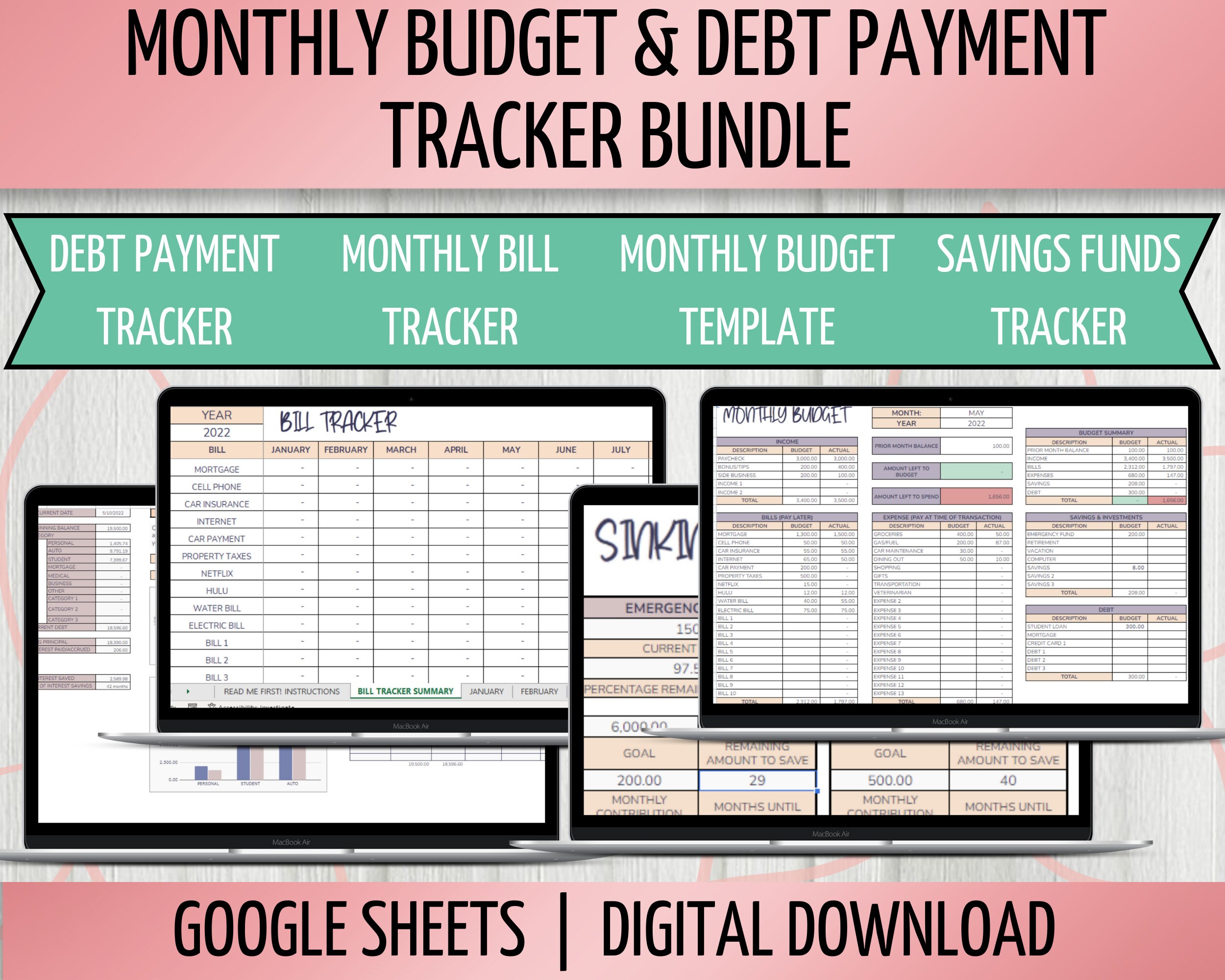 Monthly Budget With Debt Payment Tracker Spreadsheet Bundle, Monthly ...