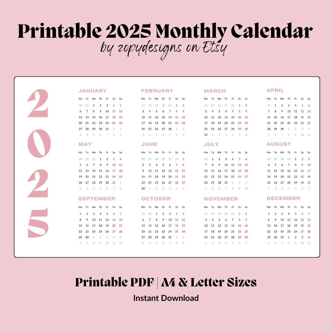 2025 Printable Calendar Landscape, Minimalist Cute Calendar, Coquette ...
