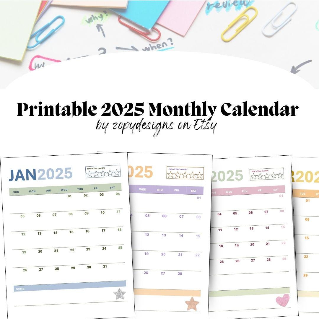Cute Pastel 2025 Monthly Calendar (printable and Fillable) - Etsy
