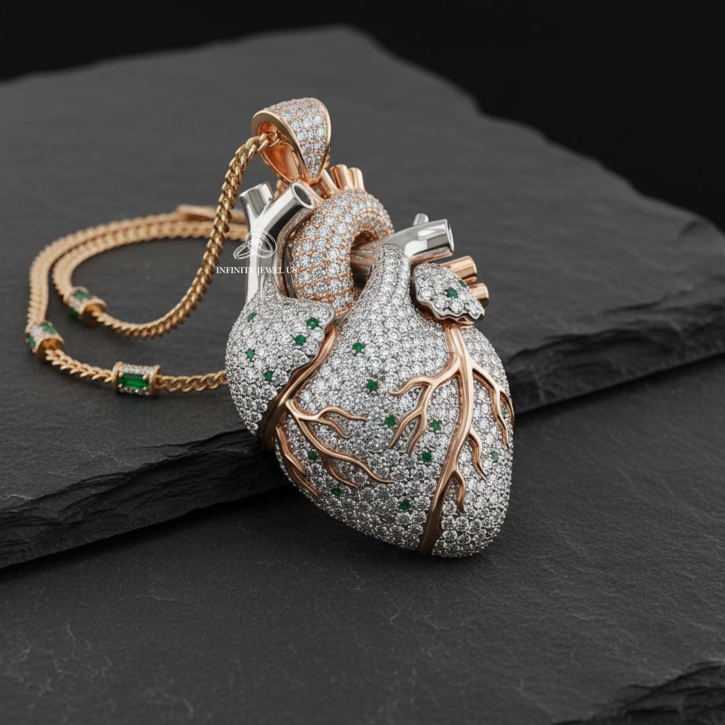 Anatomical Heart Pendant, Round Moissanite Micro Pave Ice Outed Pendent ...