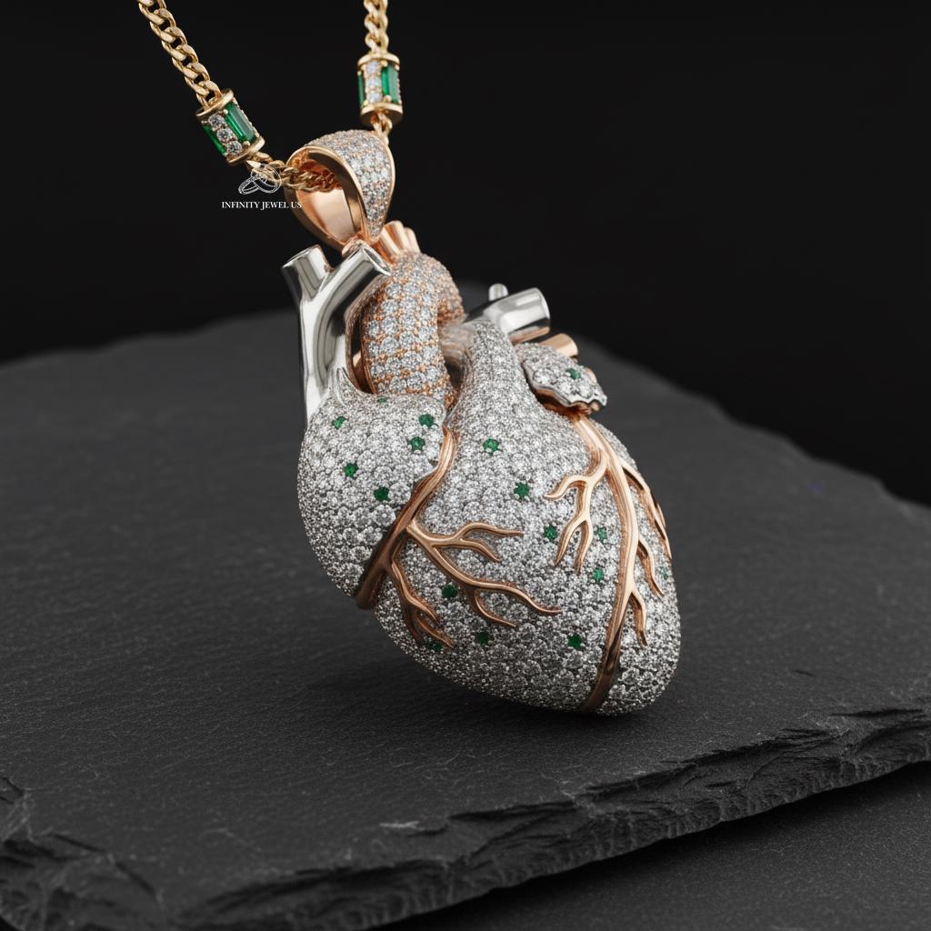 Anatomical Heart Pendant, Round Moissanite Micro Pave Ice Outed Pendent ...