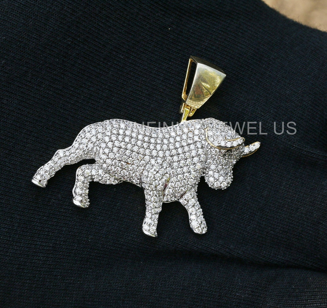 Round Cut Moissanite Diamond Taurus Bull Men's Charm Pendant, 14K White ...