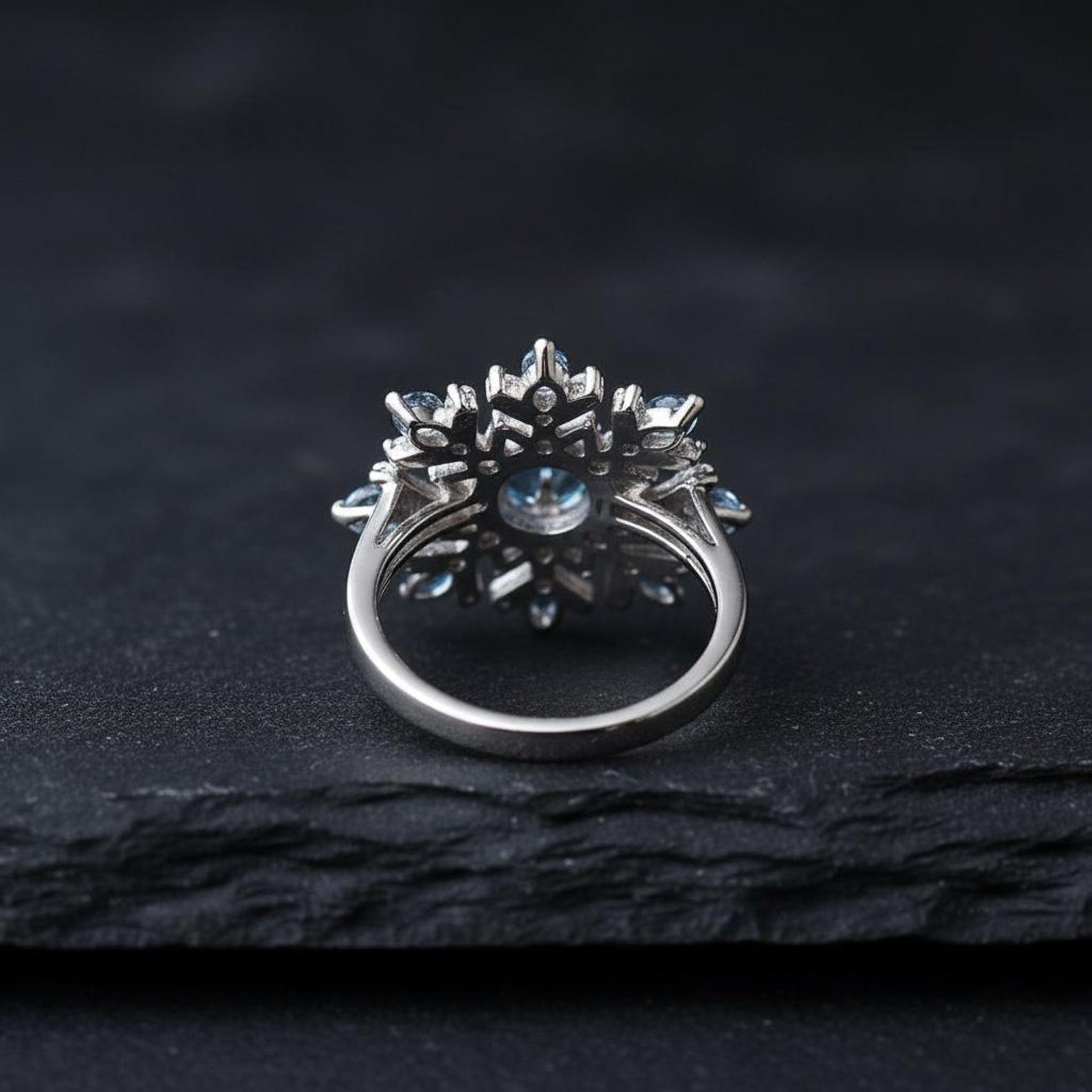 Snowflake Ice Crystal Engagement Ring, Aqua Blue Oval Statement Ring ...