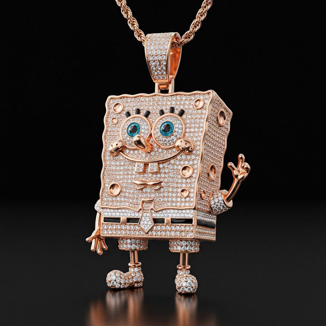 Spongebob Cartoon Pendent, Round Cut Moissanite Pendent, Unique Cartoon ...