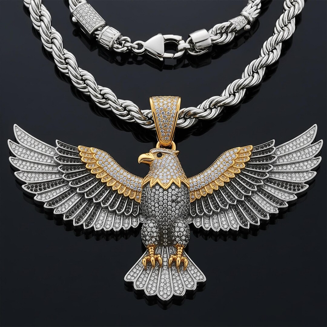 Iced Out Eagle Pendant,black & White Round Cut Moissanite Micro Pave ...